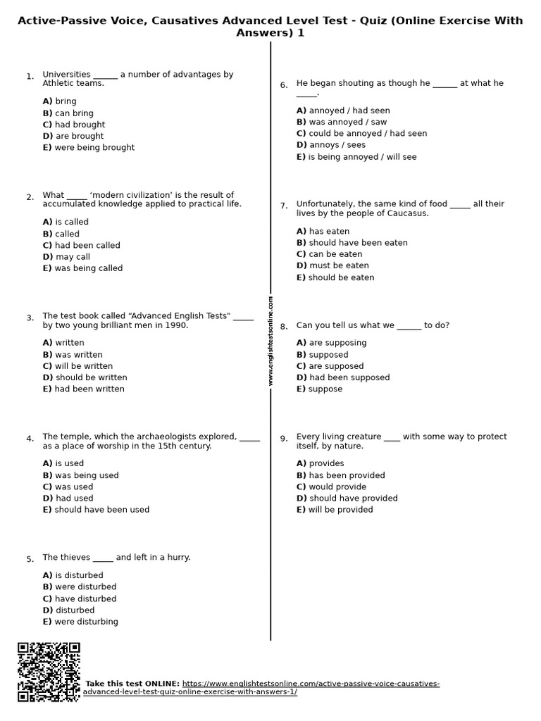 331 Active Passive Voice Causatives Advanced Level Test Quiz Online ...
