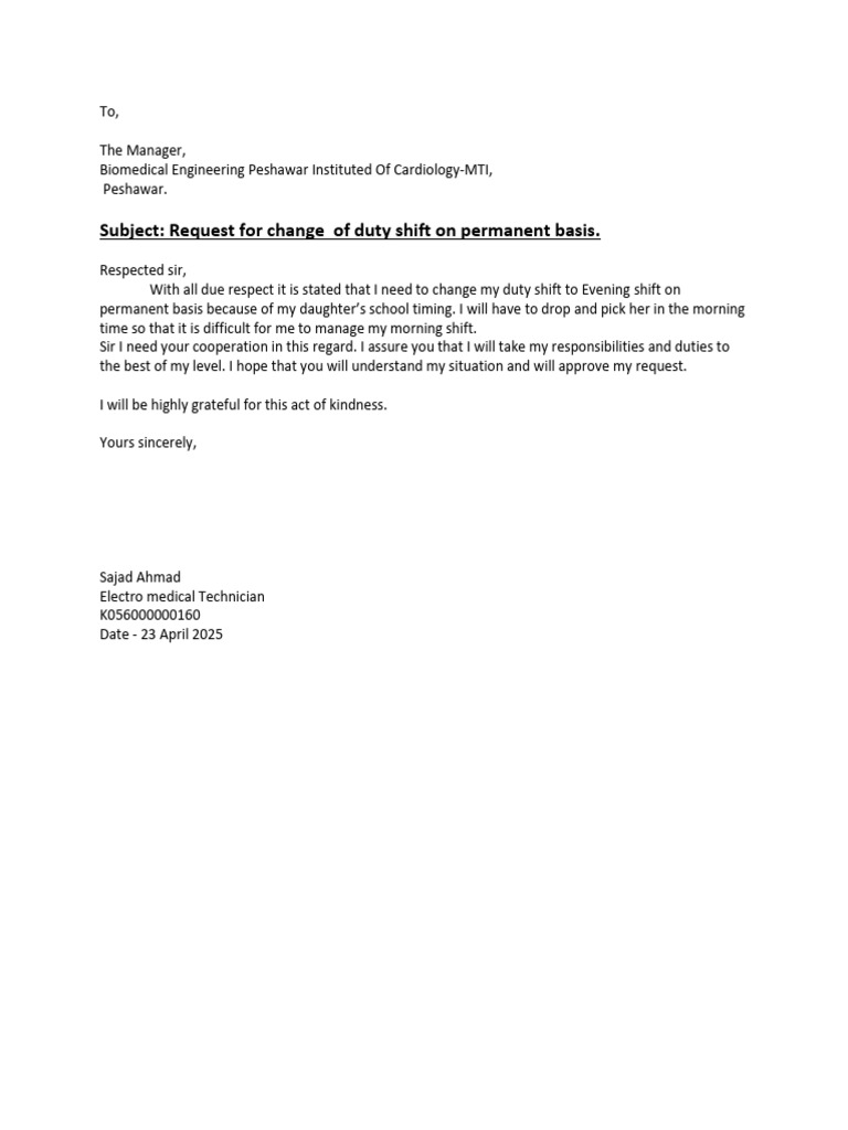 Shift Change Request for Evening Duty | PDF