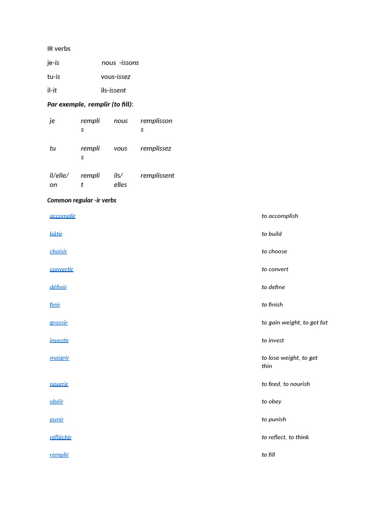 Conjugaison des verbes en -ir | PDF