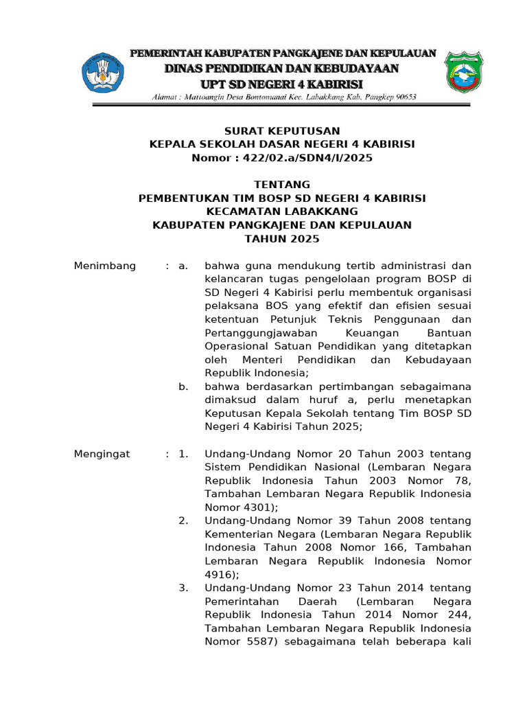 Format SK Tim BOSP 2025 Di Sekolah | PDF