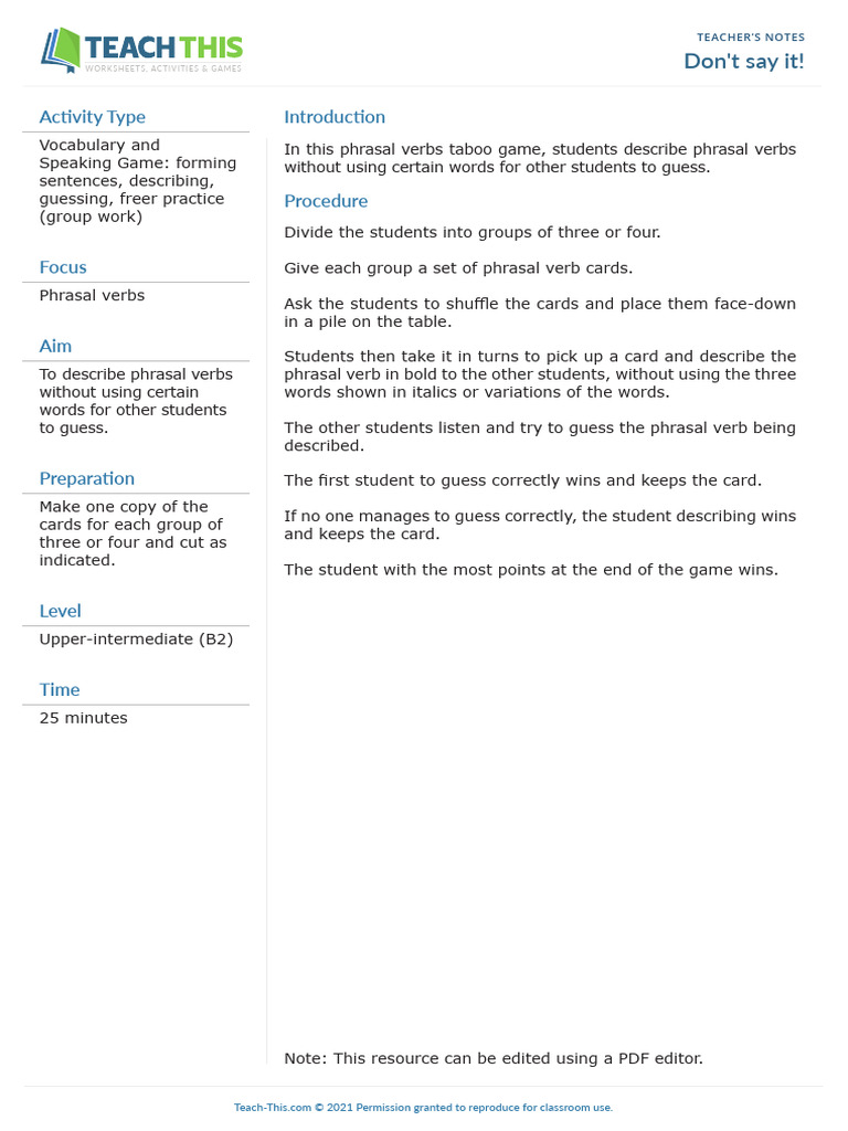 Phrasal Verbs Taboo Game Guide | PDF | Syntax | Grammar