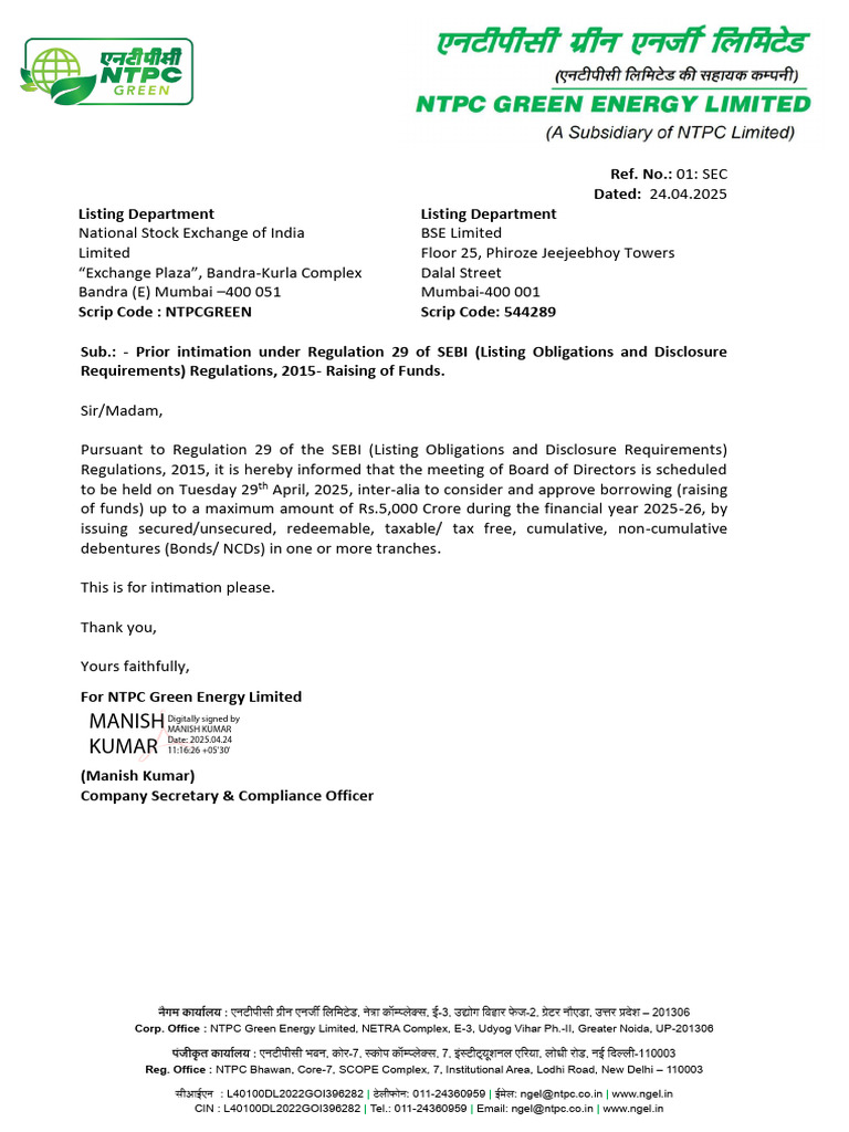 NTPC Green Energy Fundraising Notice | PDF