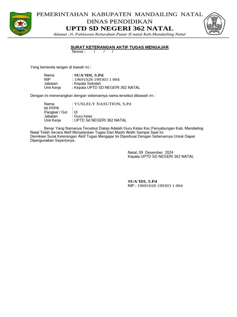 Aktif Tugas Mengajar YUSLELY NASUTION, S.PD | PDF