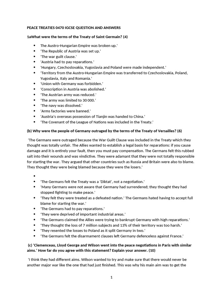 IGCSE Peace Treaties Q&A Guide | PDF | Treaty Of Versailles | World War ...