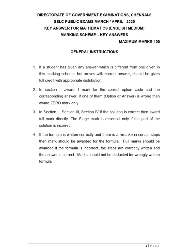 10th Maths EM Official Answer Key To Public Exam April 2025 Question Paper English Medium PDF ...