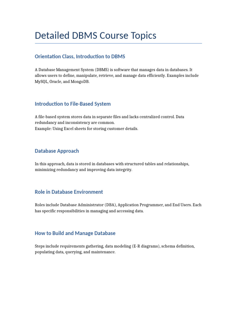 DBMS Course Topics Part1 | PDF