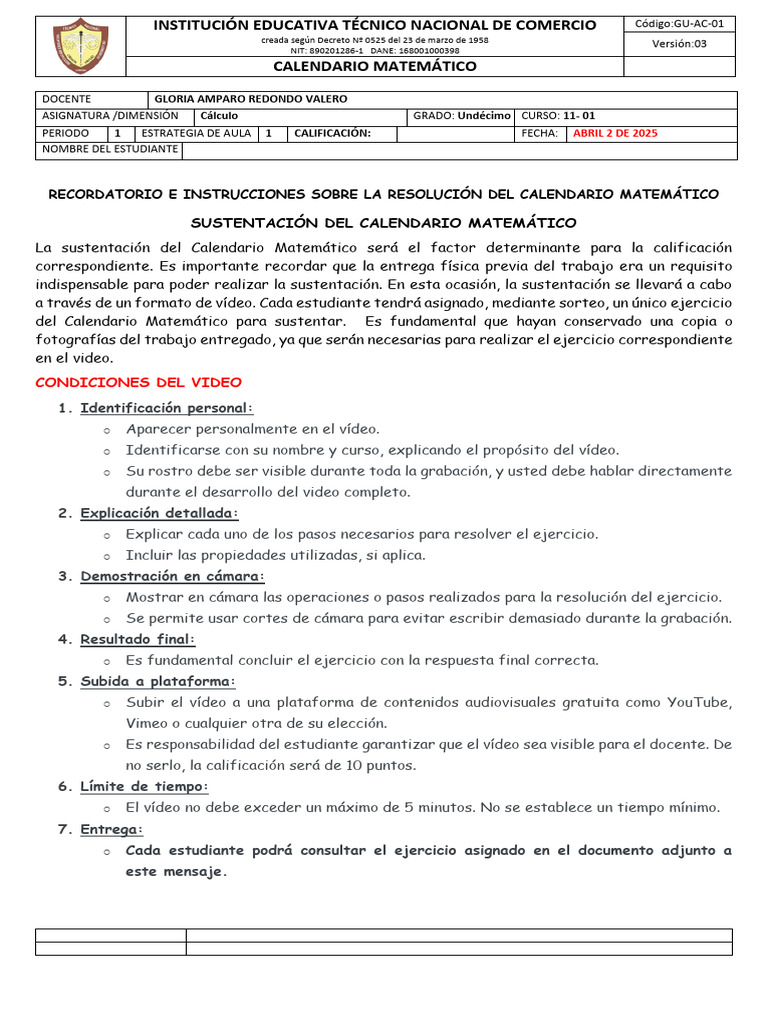 11-1 Sust Calendario Matemático - Matp1 Gloria Redondo | PDF