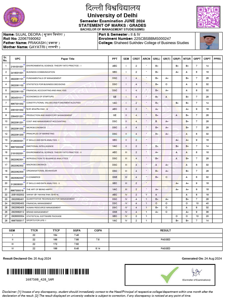 University of Delhi: Semester Examination JUNE 2024 Statement of Marks ...