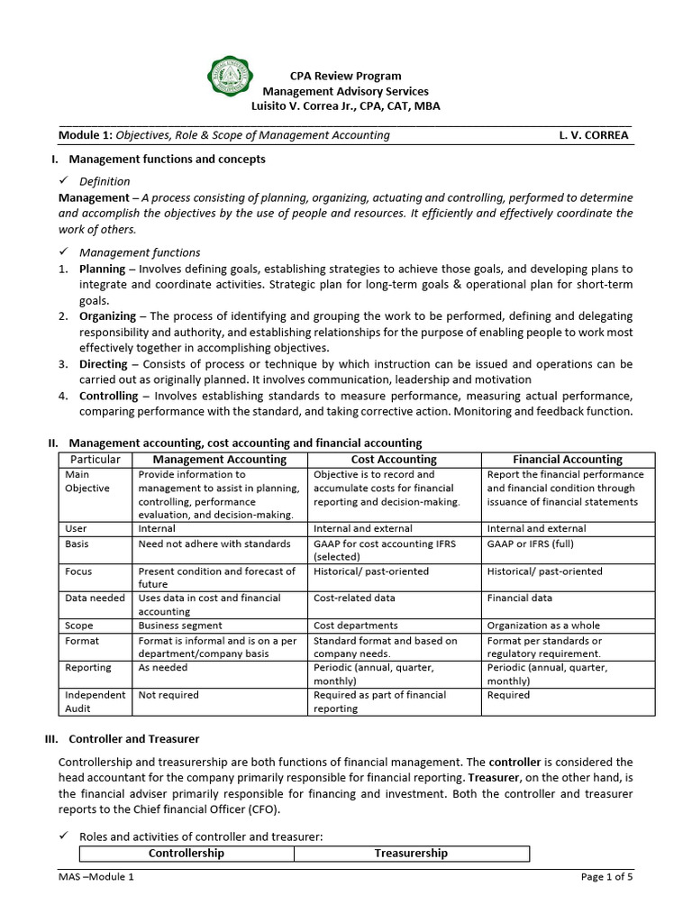 Management Accounting Overview and Roles | PDF | Management Accounting ...
