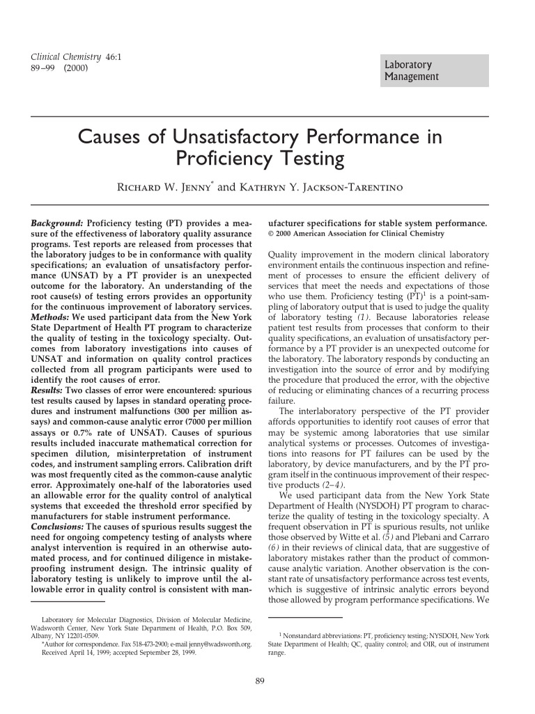 Causes of Unsatisfactory Performance in Proficiency Testing-Clinical ...