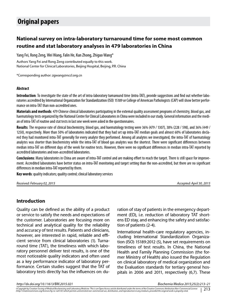 National Survey On Intra-Laboratory Turnaround Time For Some Most ...