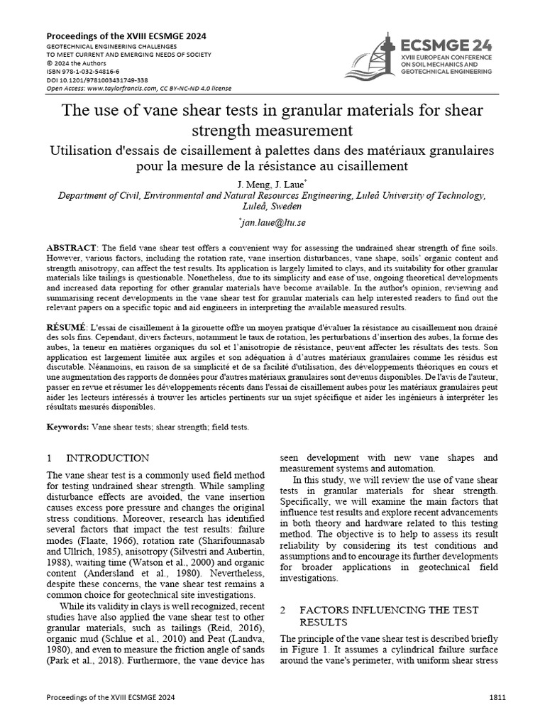 1049 C The Use of Vane Shear Tests in Granular Materials | PDF ...