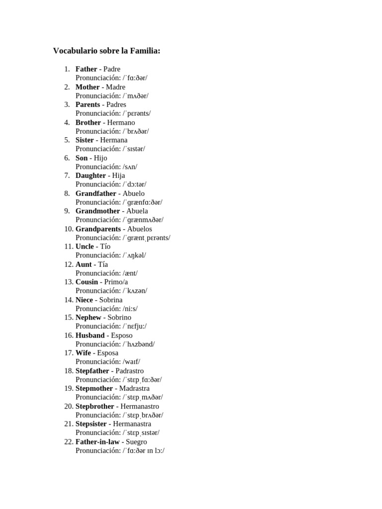Vocabulario Sobre La Familia | PDF