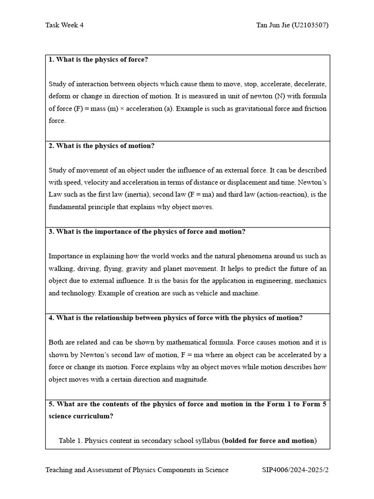 Task Week 4 - Tan Jun Jie (U2103507) - Sip4006 | PDF | Force | Acceleration