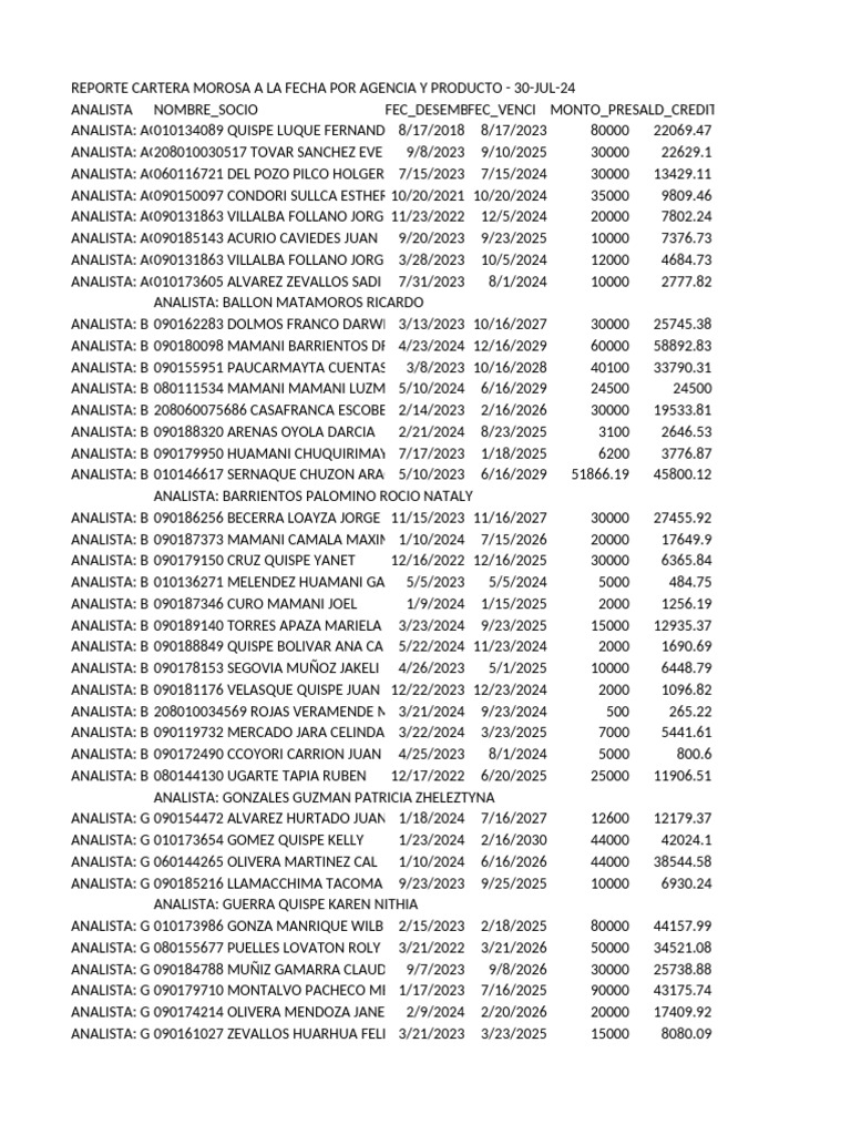 Reporte Cartera Morosa A La Fecha Por Agencia y Producto-30072024 Al 30072024 | PDF