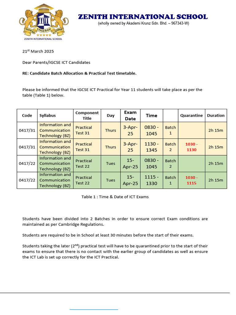 IGCSE ICT Practical Test Schedule | PDF
