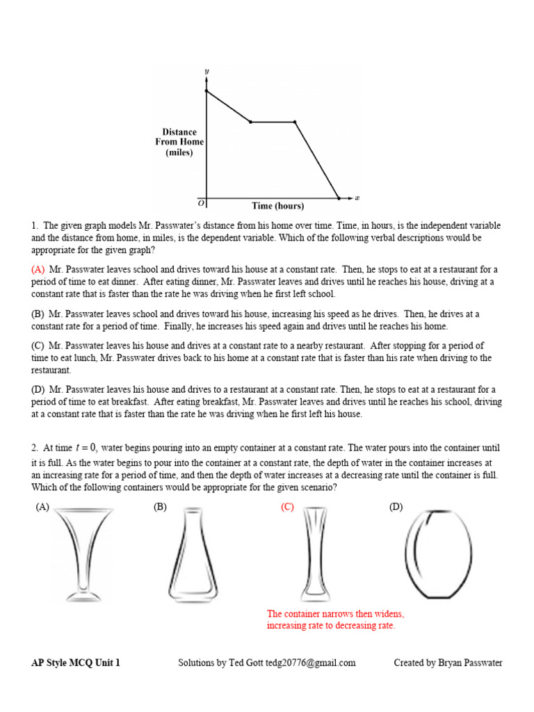 Unit 1 Key 1-63 MCQ AP Precalculus Exam Review | PDF | Parachuting