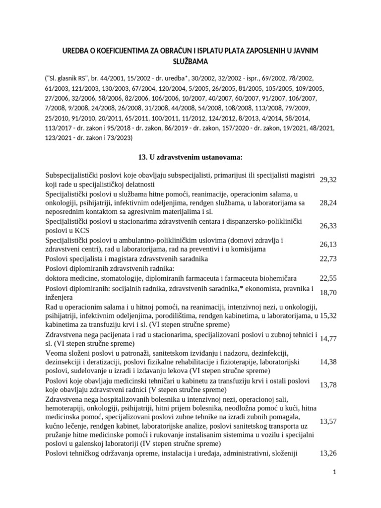 UREDBA O KOEFICIJENTIMA ZA OBRAČUN I ISPLATU PLATA ZAPOSLENIH U JAVNIM SLUŽBAMA | PDF