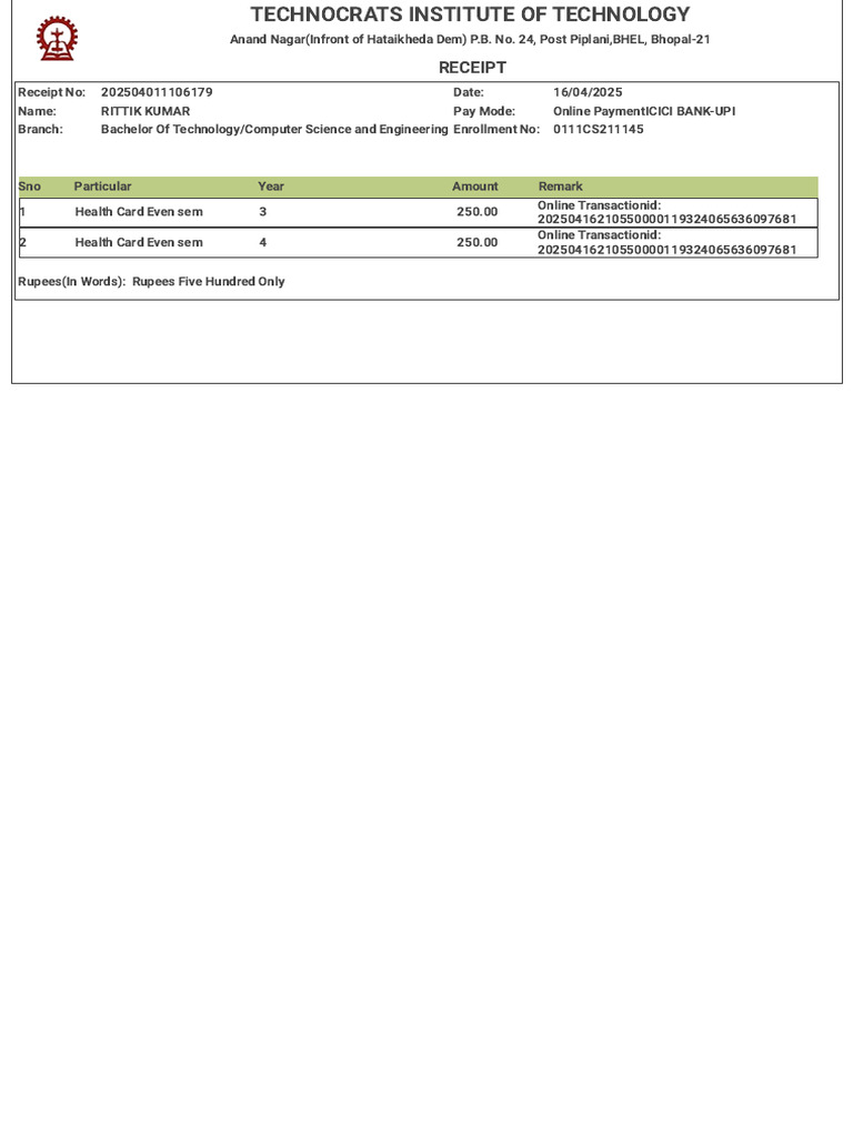 Bhopal Tech Institute Payment Receipt | PDF