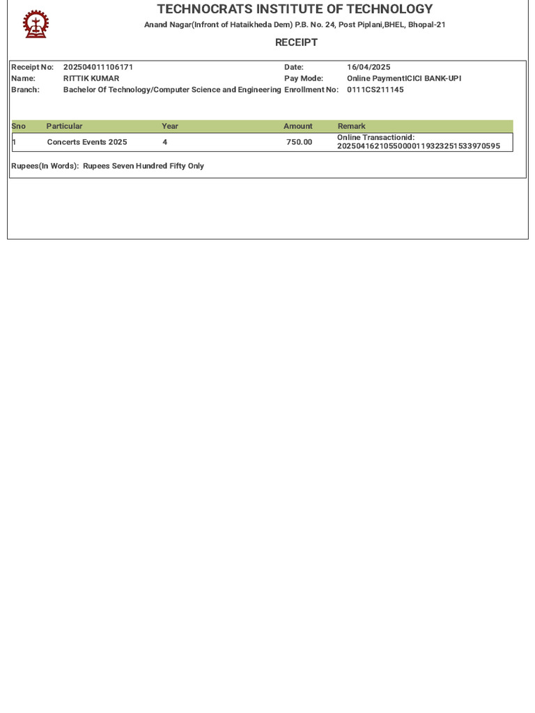 Technocrats Institute Payment Receipt | PDF