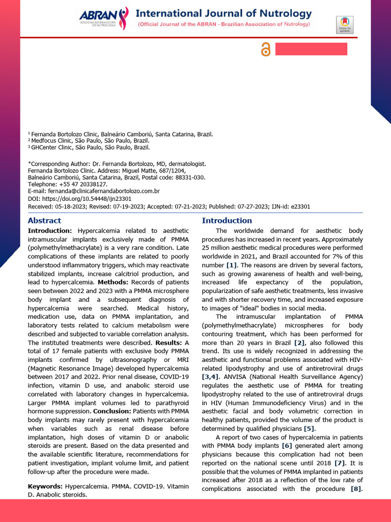 Original Pmma Body Injection and Hypercalcemia Correlation | PDF ...
