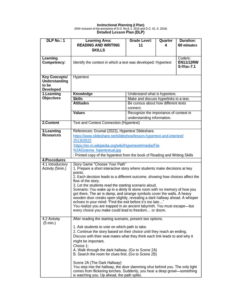 Lesson Plan For Week One - 055939 | PDF | Learning | Intertextuality