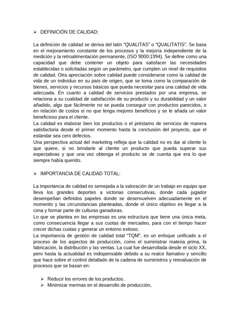 Definición de Calidad | PDF | Calidad (comercial) | Sistema de manejo ...