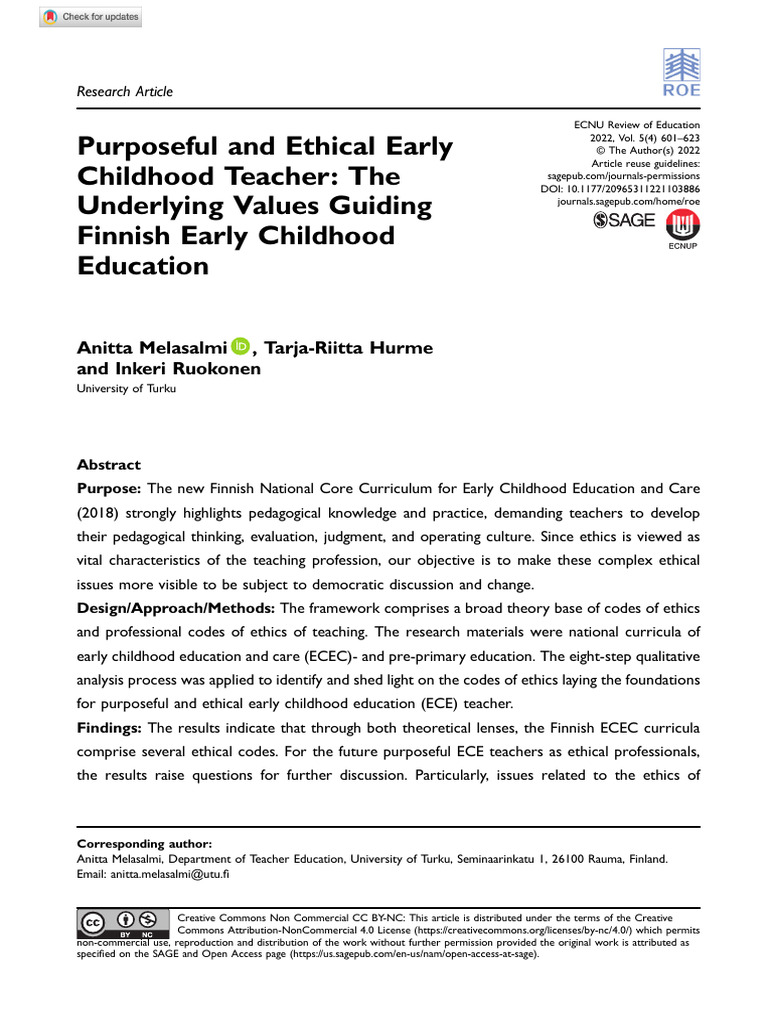 Melasalmi Et Al 2022 Purposeful and Ethical Early Childhood Teacher the Underlying Values ...