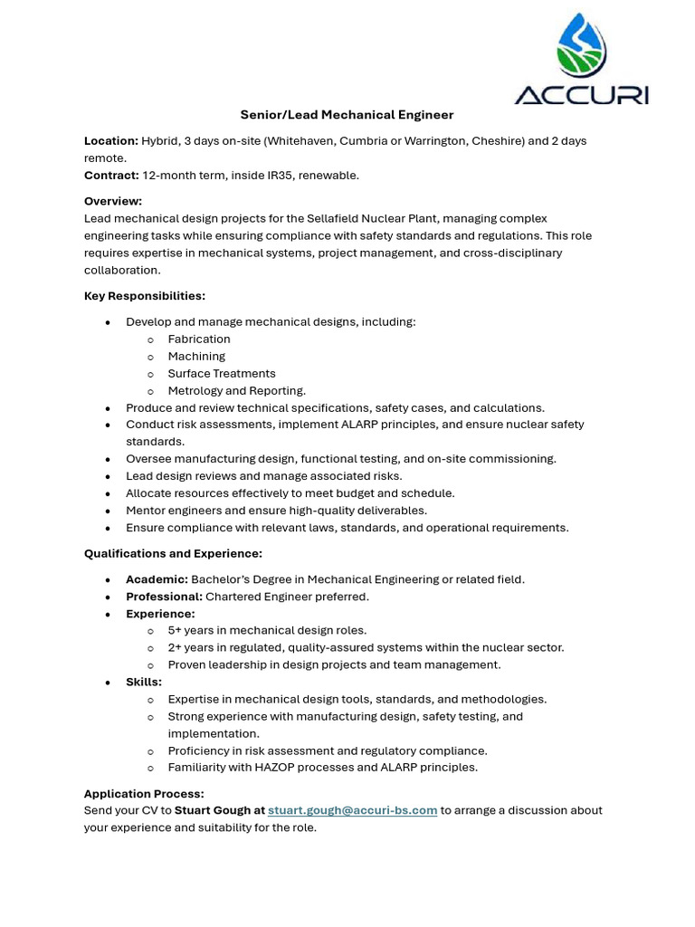 Senior Mechanical Engineer Role Overview | PDF
