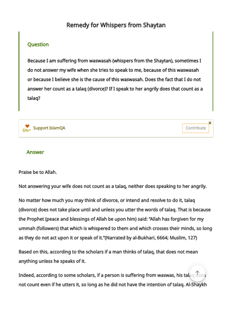 Remedy For Whispers From Shaytan - Islam Question & Answer | PDF | God ...