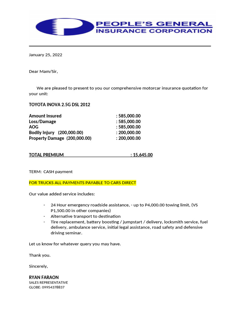 Toyota Inova 2012 Insurance Quote | PDF