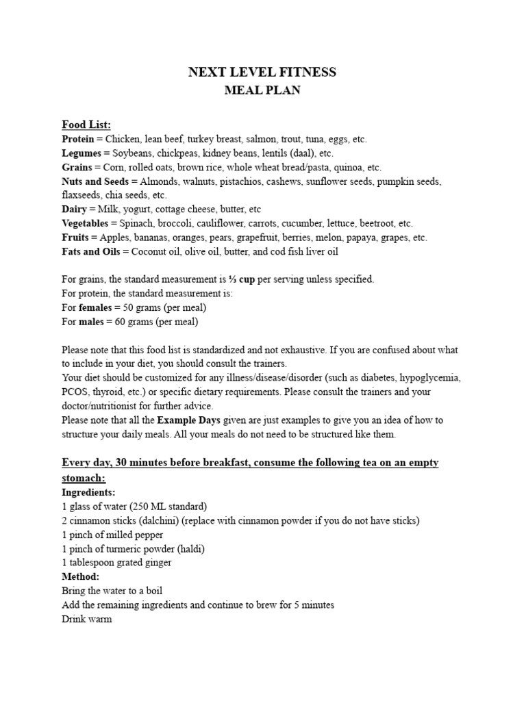 Next Level Fitness Diet Plan | PDF | Meal | Foods