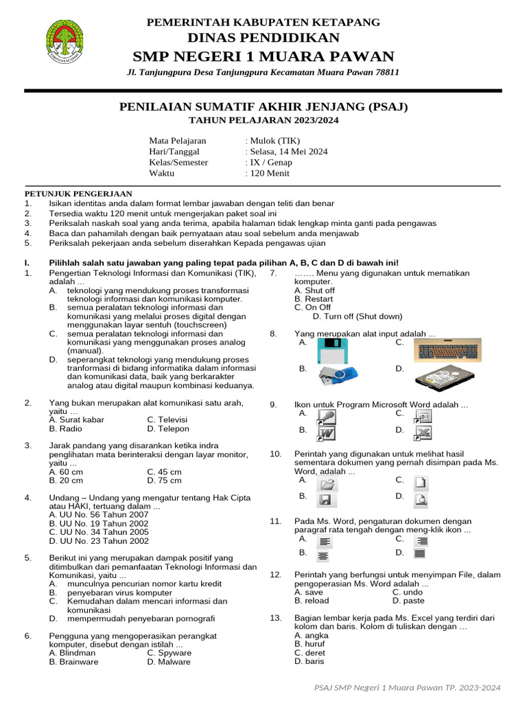 Soal PSAJ MULOK (TIK) Kelas IX TP. 2023-2024 | PDF