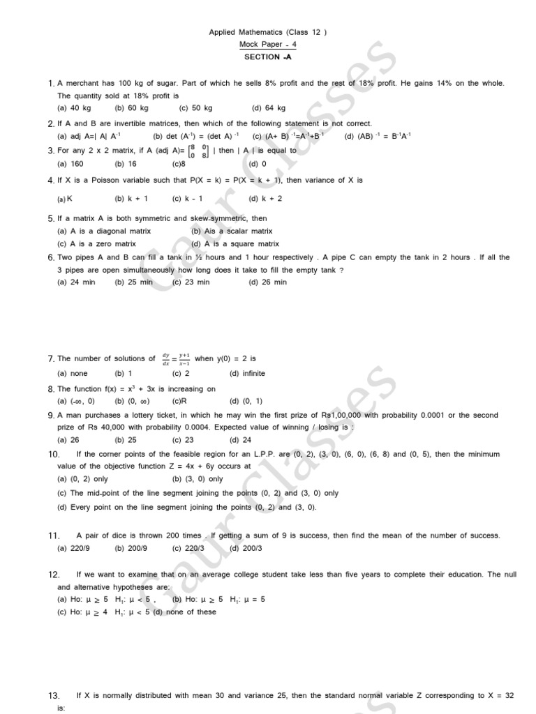 Mock Paper - 4 Applied Maths 12 | PDF | Matrix (Mathematics) | Mathematical Objects