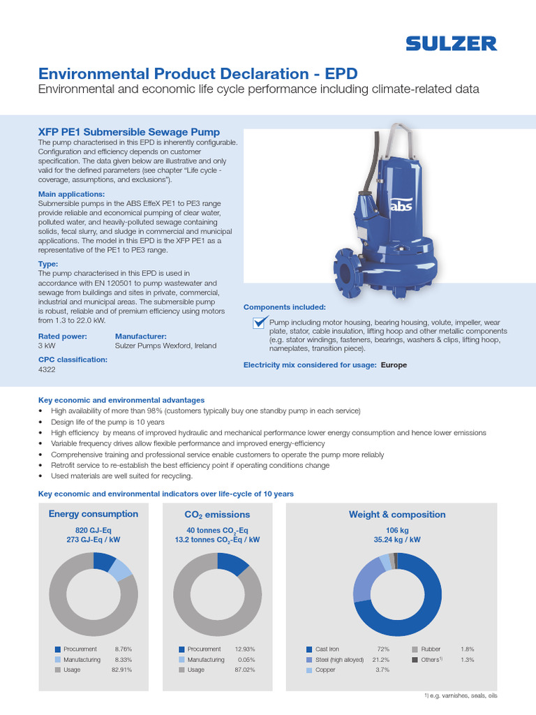 Epd399 Sulzer XFP PE1 Submersible Pump | PDF | Pump | Life Cycle Assessment