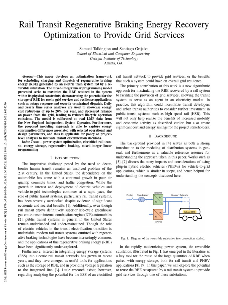 3-Rail Transit Regenerative Braking Energy Recovery Optimization to Provide Grid Services | PDF ...