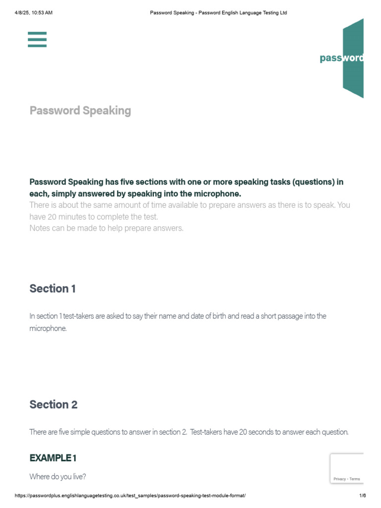 Sample Question Password Speaking Test | PDF
