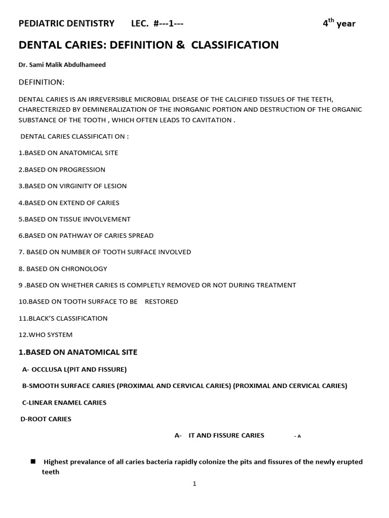4th Year Dr. Sami -Dental Caries Definition and Classification | PDF ...