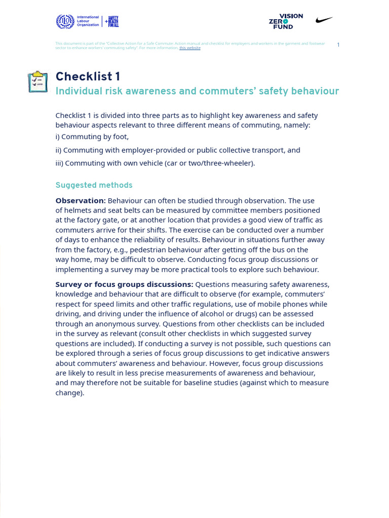 Checklist 1 - Individual Risk Awareness and Commuters' Safety Behaviour ...