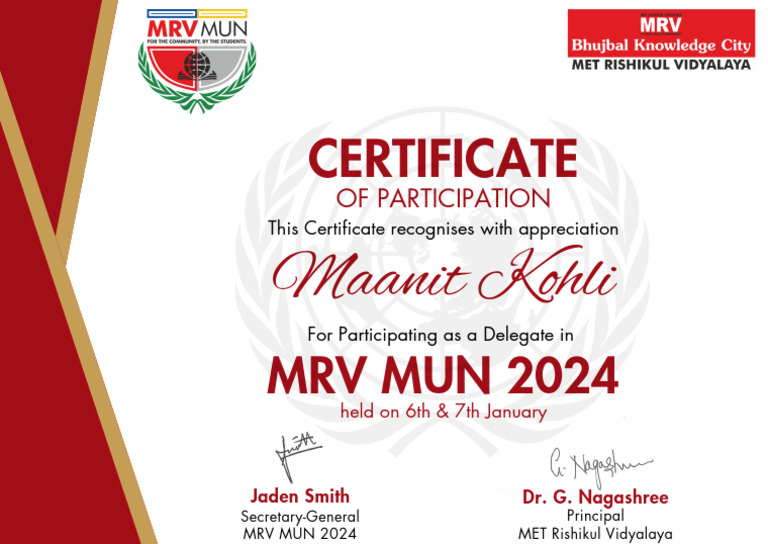 Maanit Kohli's MRV MUN 2024 Certificate | PDF