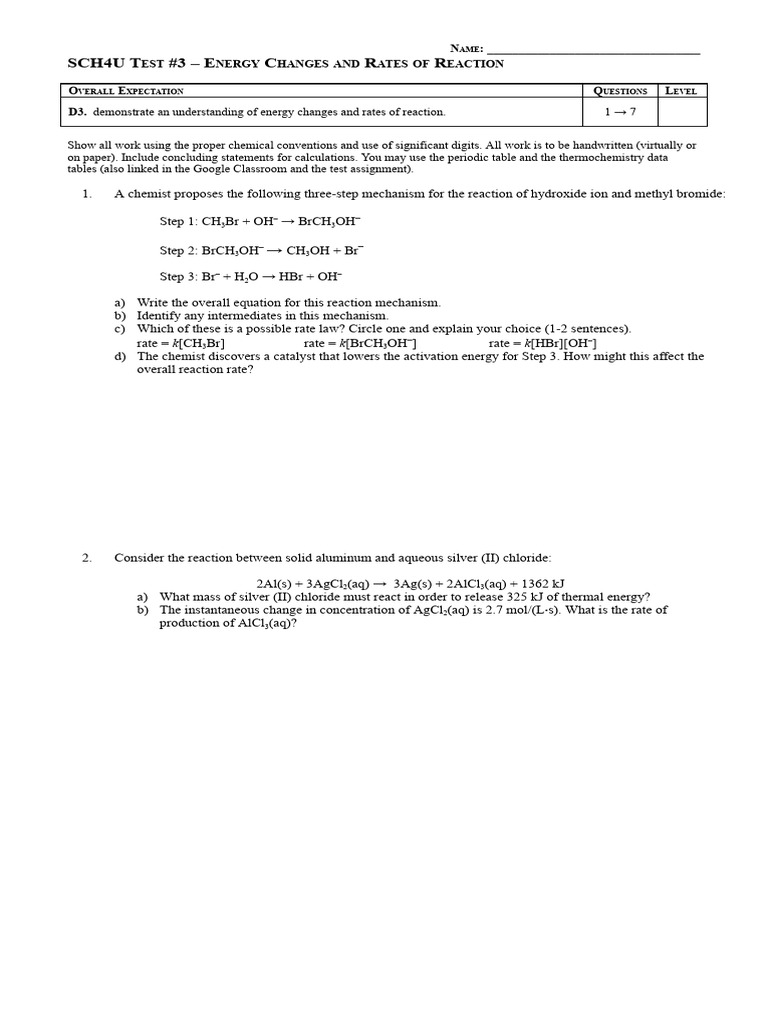 SCH4U Unit 3 Test: Energy Changes | PDF | Chemical Reactions | Reaction ...