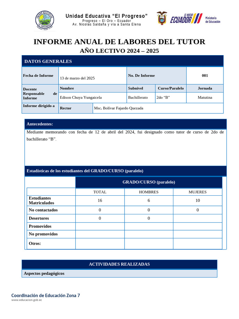 Informe Anual de Labores Del Docente Tutor | PDF