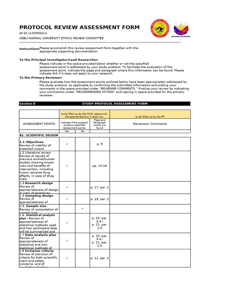 Form 2. Protocol Review Assessment Form Final | PDF | Consent | Informed Consent