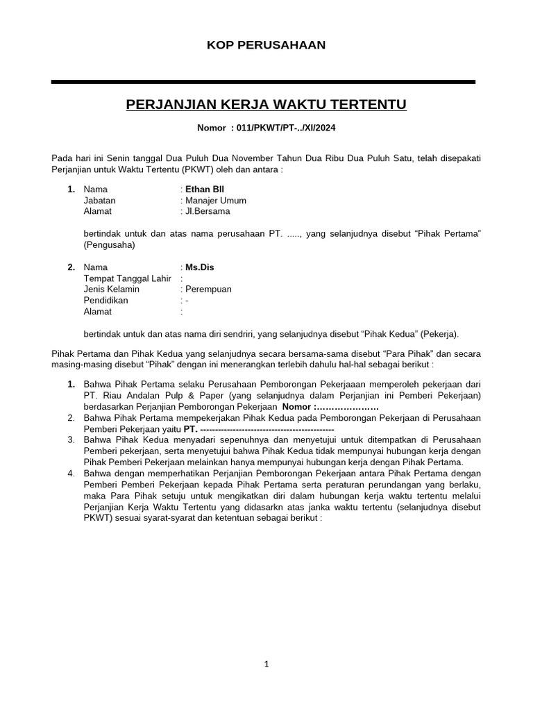 Contoh PKWT (Perjanjian Kerja Waktu Tertentu) | PDF