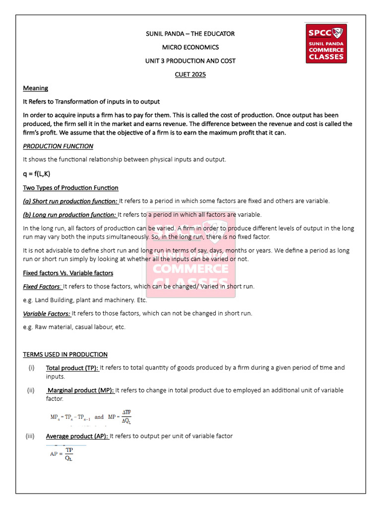 Unit 3 Production and Cost Sunil Panda Cuet - 58087145 - 2025 - 04 - 11 - 16 - 39 | PDF ...