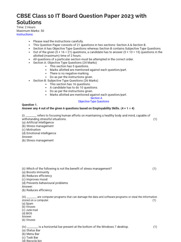 CBSE Class 10 IT 2022-23 With Solutions | PDF | Hyperlink | Sql