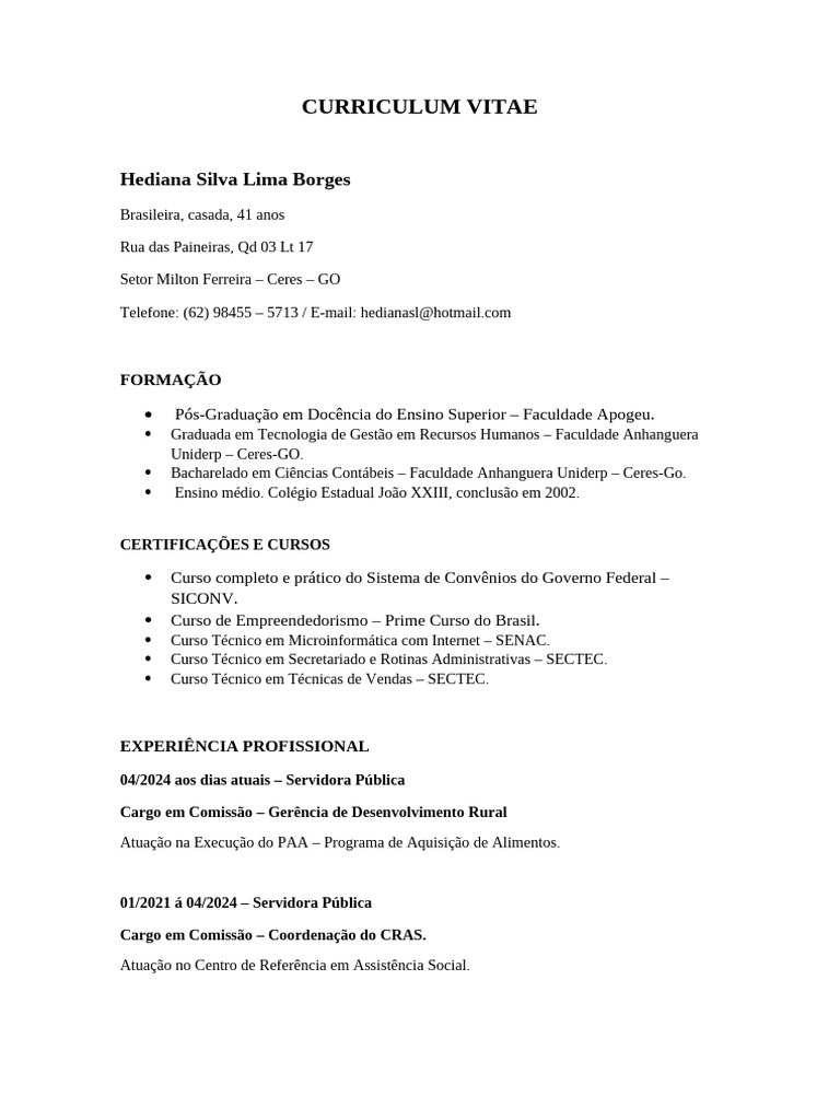 Curriculum Hediana Silva Lima Borges | PDF