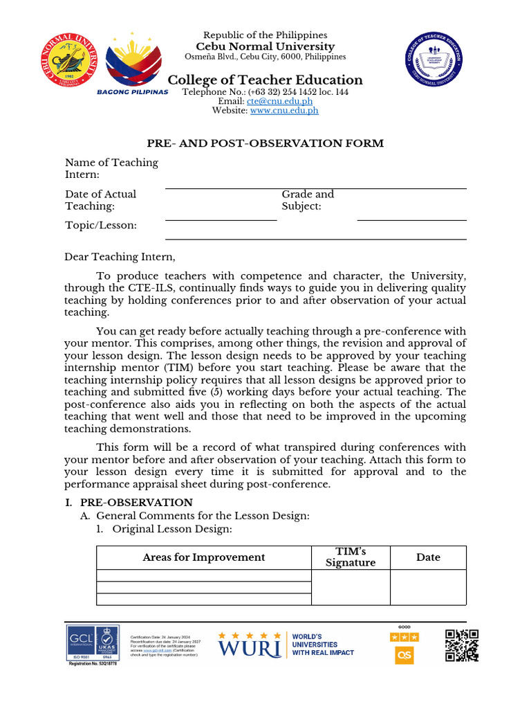 REVISED SDF ILS 331 017 00 Pre and Post Observation Form A4 | PDF | Cognition | Learning