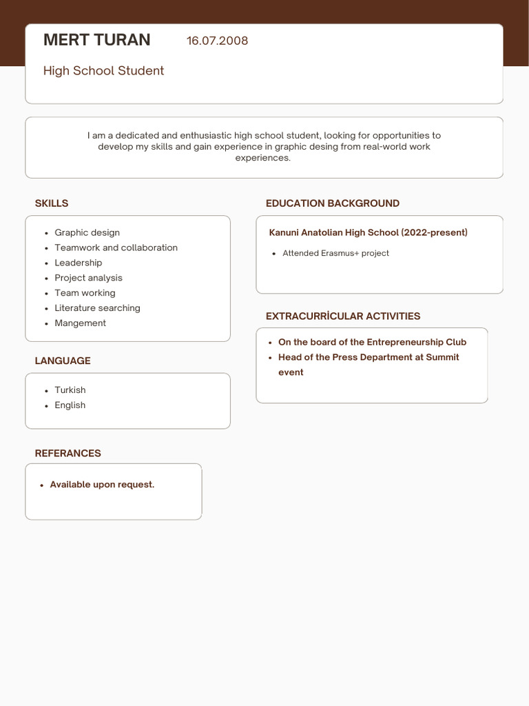 Mert Turan: H GH School Student | PDF