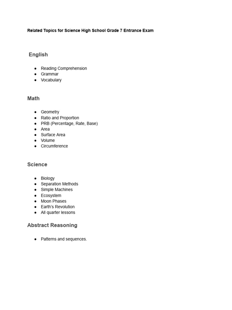 Related Topics For Science High School Grade 7 Entrance Exam | PDF